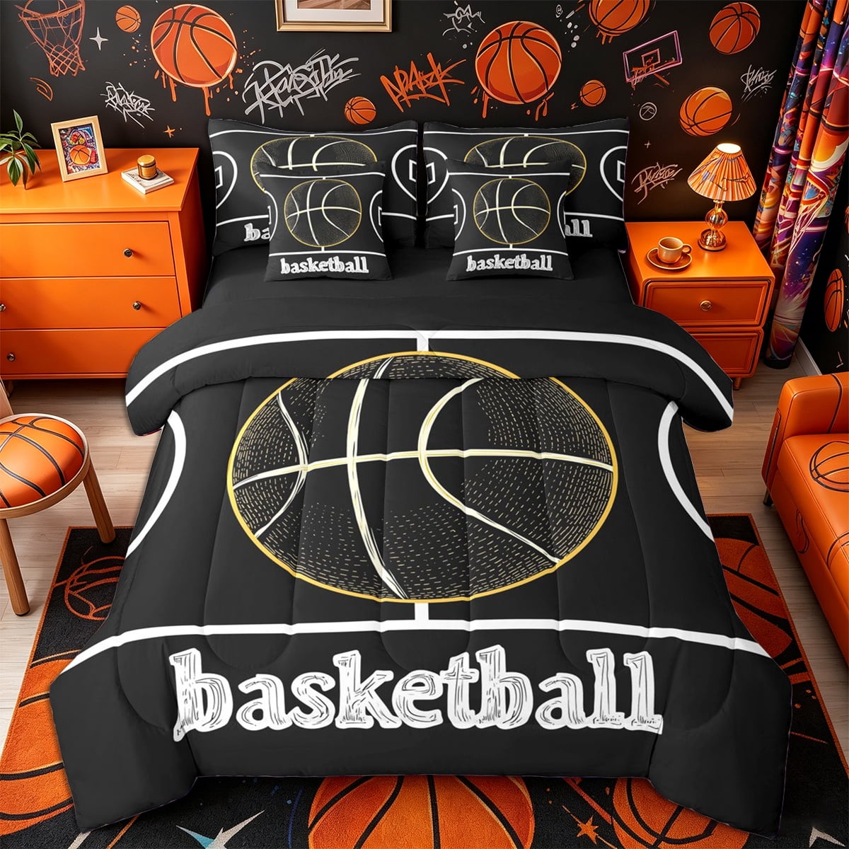 Castle Fairy Sport Basketball Twin Bedding 7-Piece, Black White Gold ...