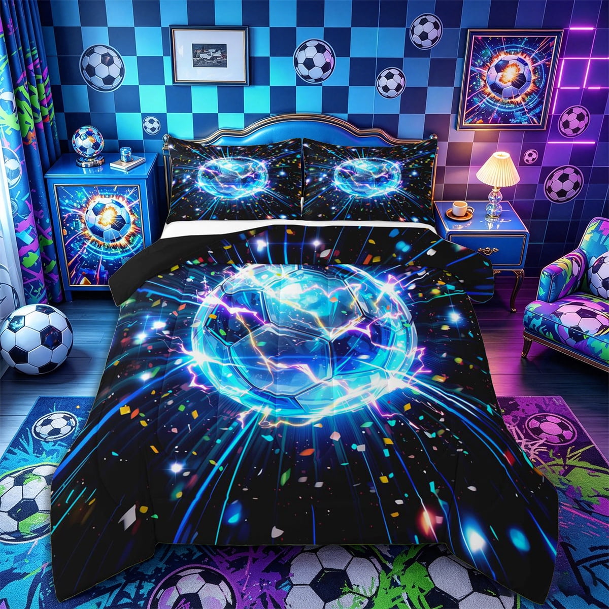 Castle Fairy Sport Blue Soccer Full Size Comforter Sets 3-Piece ...