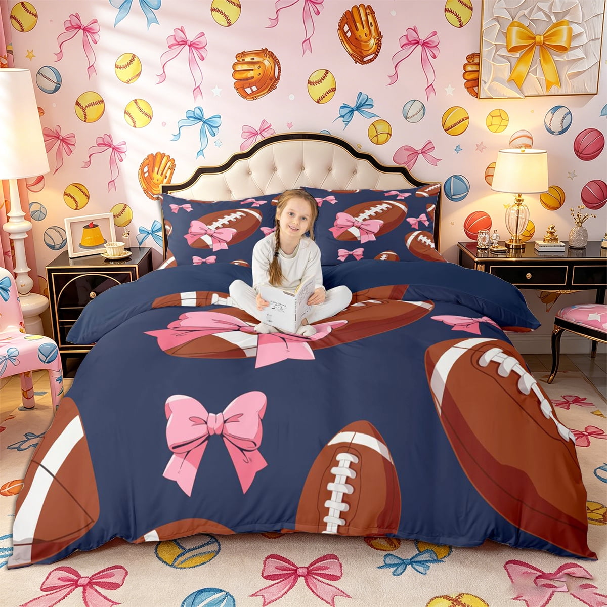 Castle Fairy Sport Football Bedding, Kawaii Bow Duvet Cover Full, White ...