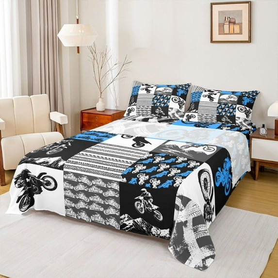 Castle Fairy Sport Motorcycle Motocross 4 Pieces Queen Sheet Sets for Teens,Black Blue Grey ...