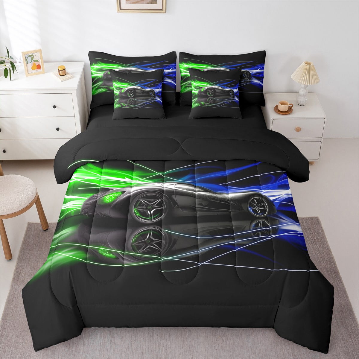 Castle Fairy Sport Racing Car Twin Bedding Sets,Blue Green Bedding ...