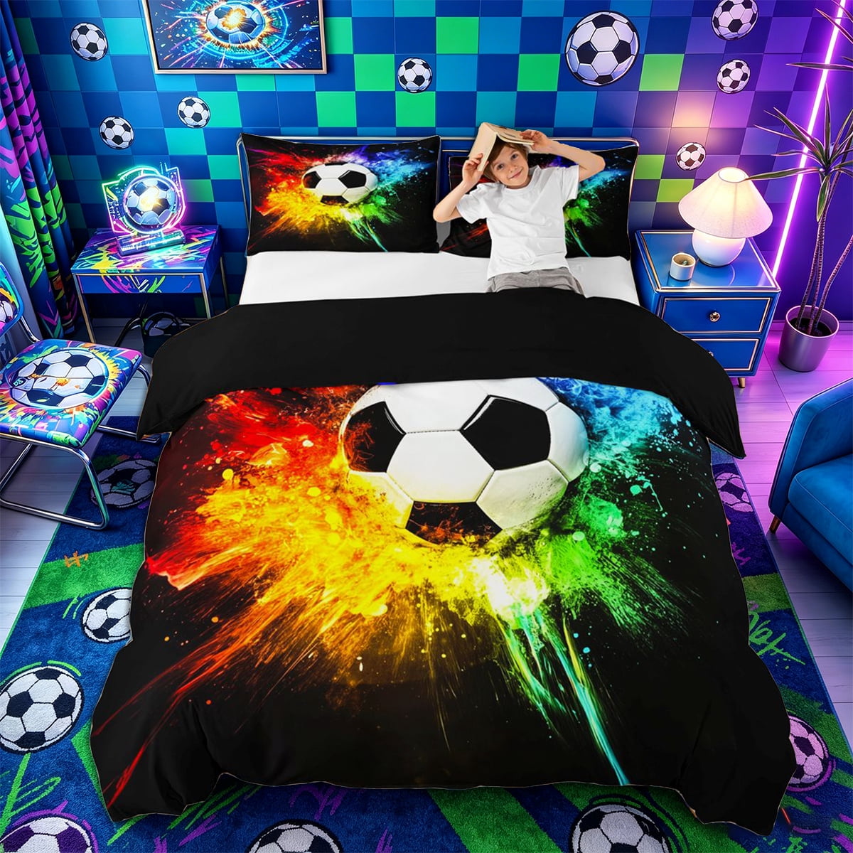 Castle Fairy Sport Soccer Duvet Cover Queen, Rainbow Splatter Pattern ...