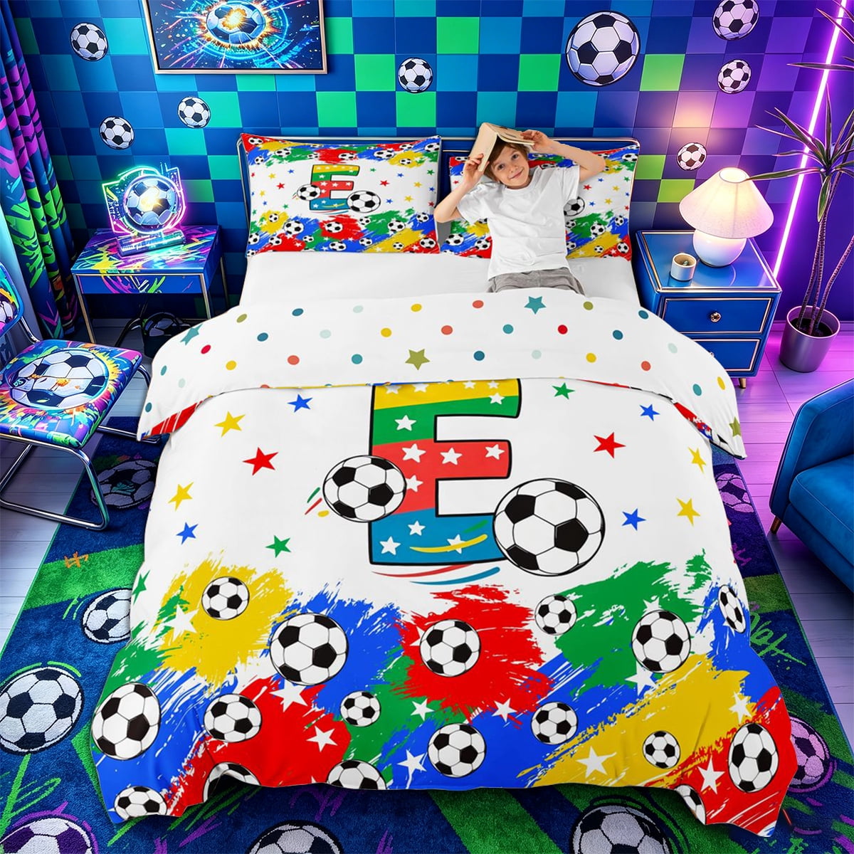 Castle Fairy Sport Soccer Initial E Bedding, Graffiti Splash Stars ...