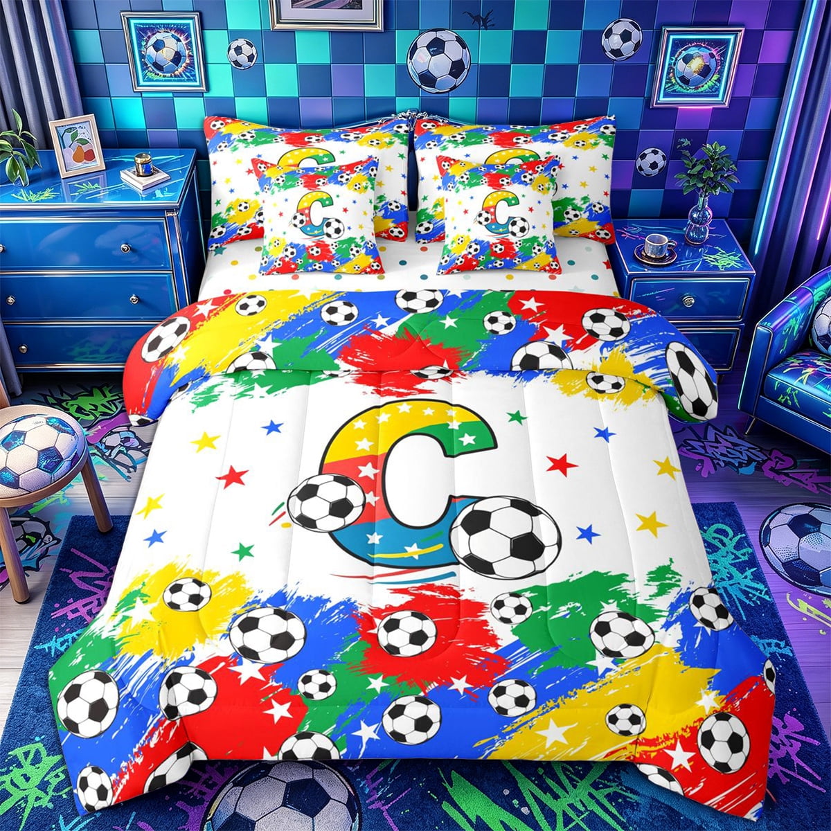 Castle Fairy Sport Soccer King Bedding 7pcs, Colorful Graffiti Splash ...