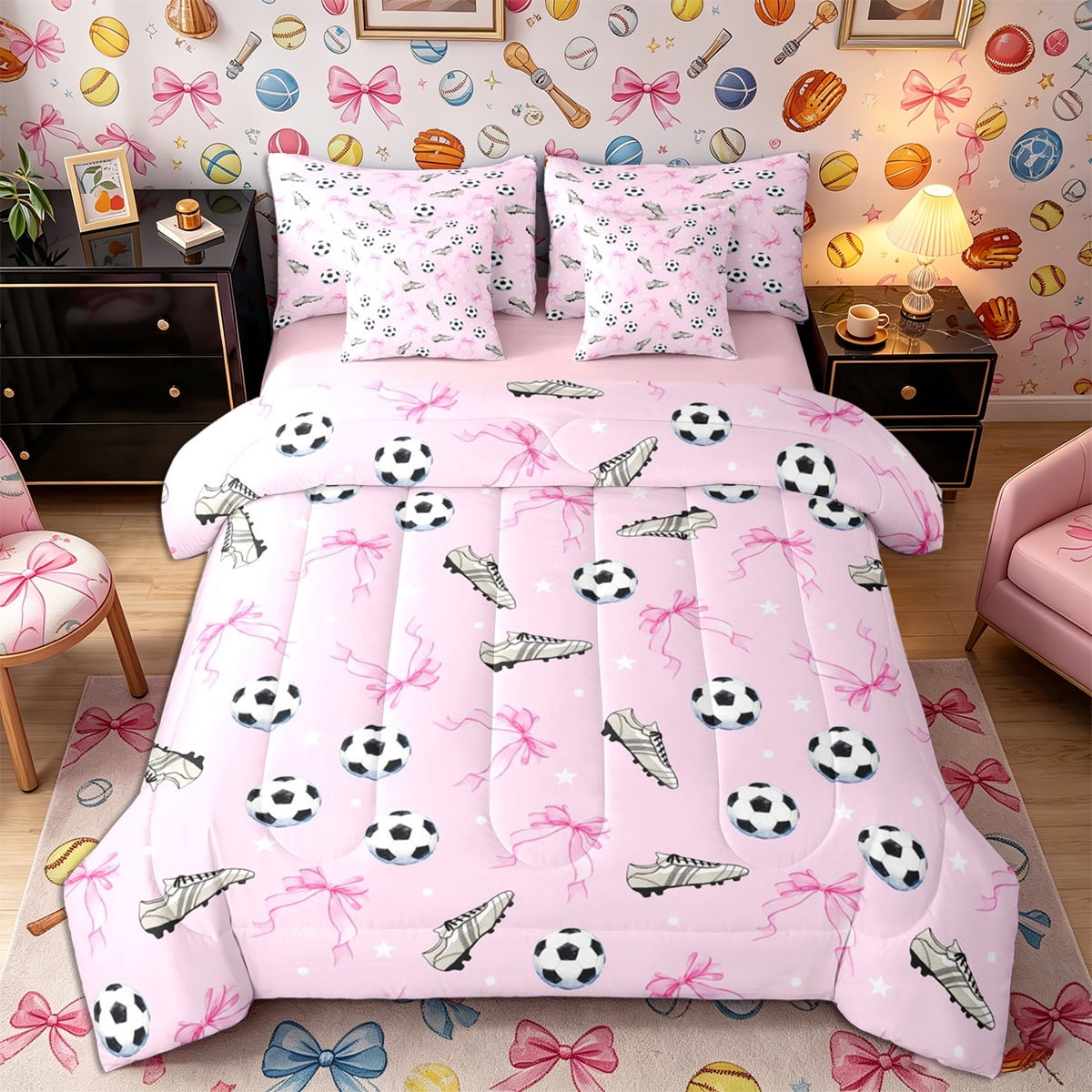 Castle Fairy Sport Soccer Queen Bedding 7pcs, Cute Bow Stars Print ...