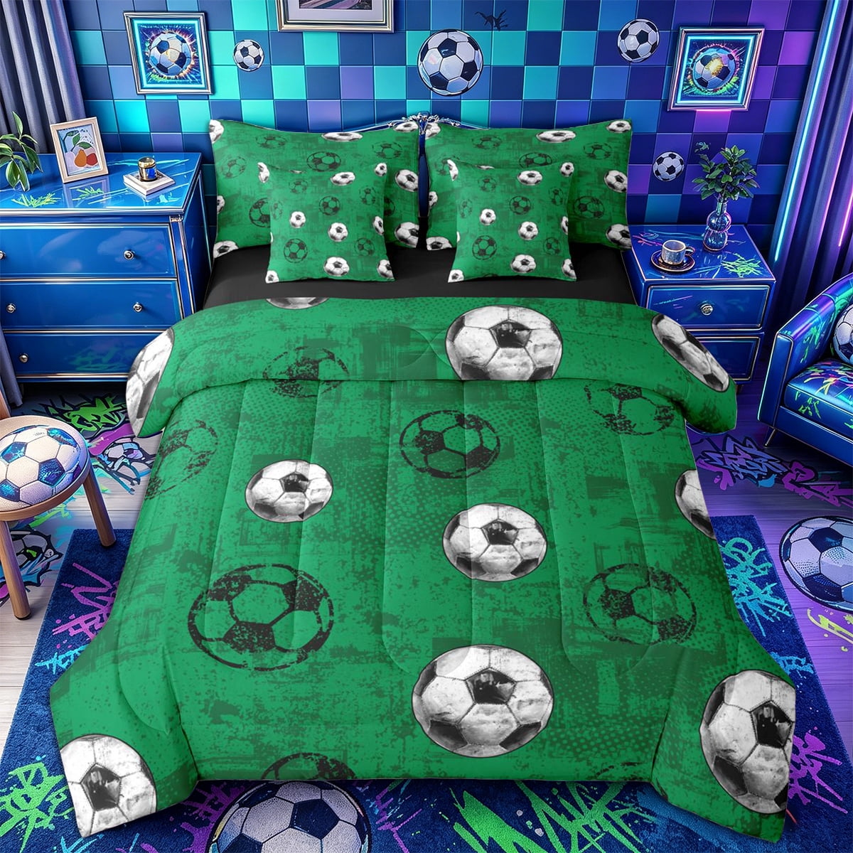 Castle Fairy Sport Soccer Twin Bedding 7-Piece, Vintage Ball Game ...