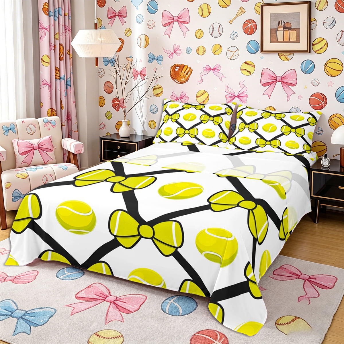 Castle Fairy Sport Tennis Bow Bed Sheets 4-Piece, Geometric Plaid Full ...