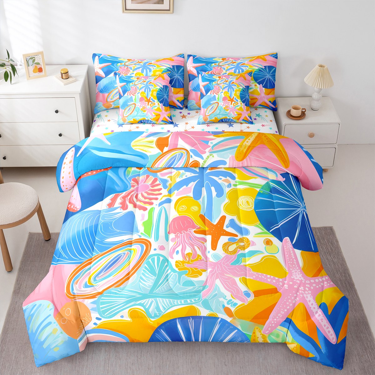 Castle Fairy Starfish Jellyfish 7-Piece Bedding Comforter Set,Ocean ...