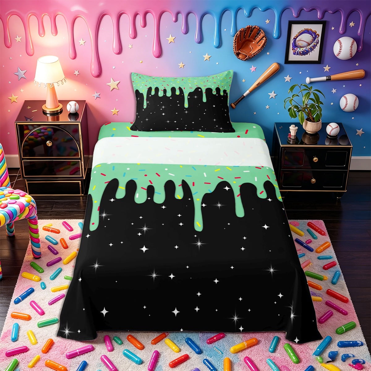 Castle Fairy Stars Print Twin Sheets 3pcs, Ice Cream Drip Bedding ...