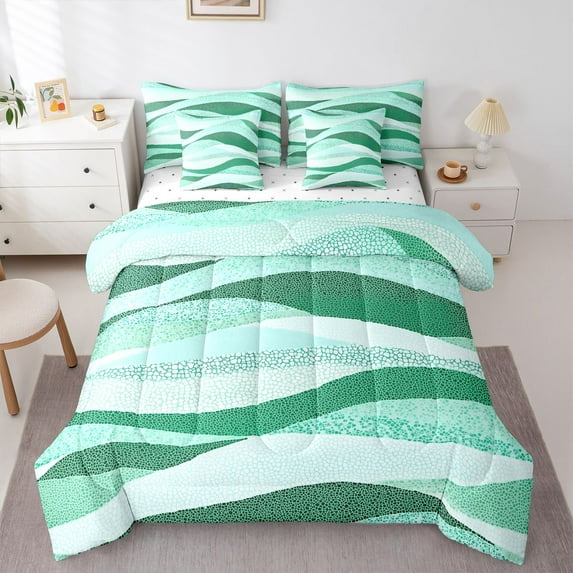 Castle Fairy Stripes Bedding Comforter Set,Green White Queen Bedding ...