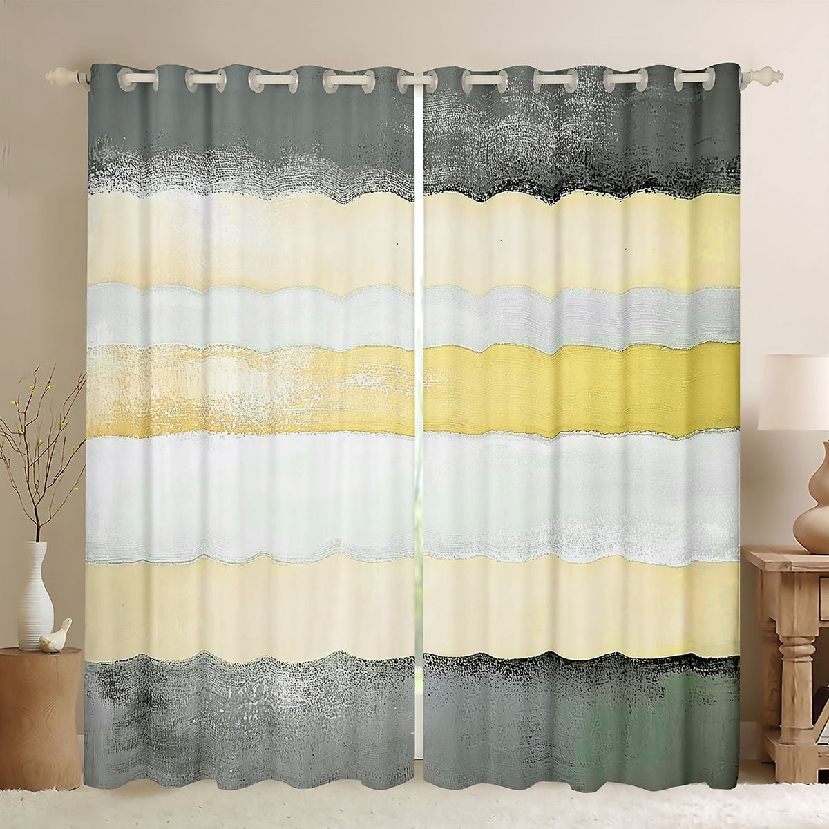 Castle Fairy Stripes Curtains Pack of 2 (42x84 Each),Grey Yellow ...