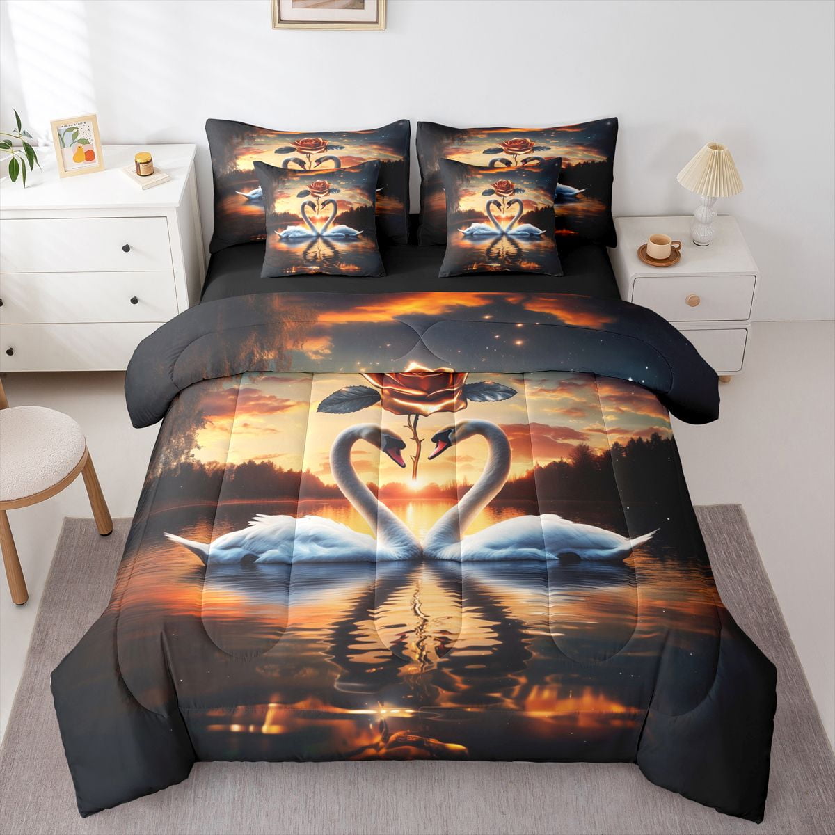 Castle Fairy Swan Couple Lover Bedding Comforter Set,Valentine's Day ...