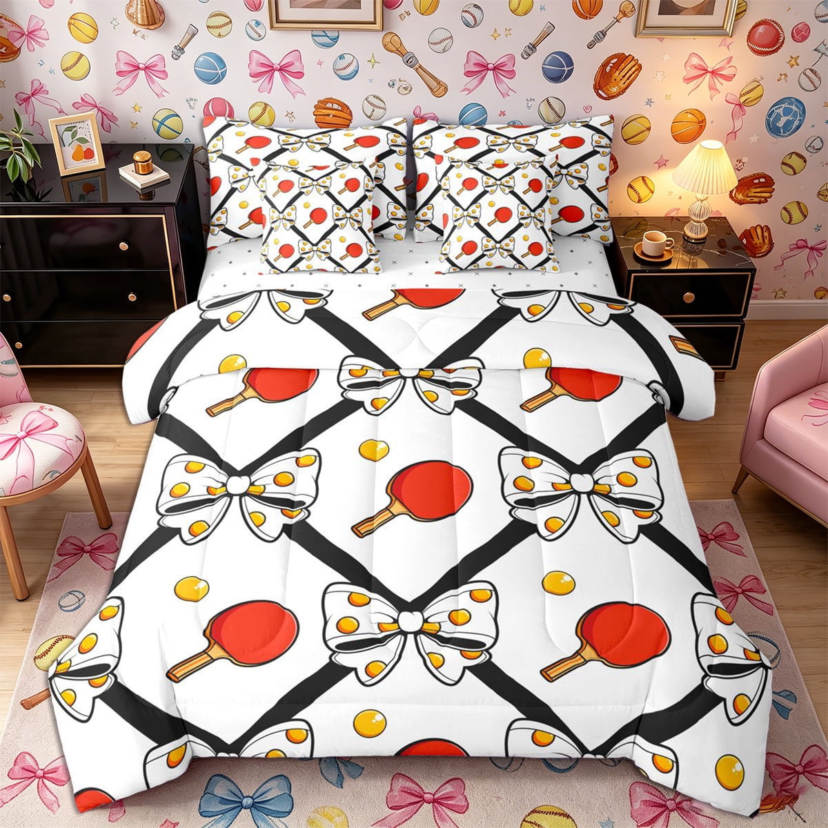 Castle Fairy Table Tennis Print Bow Twin Bedding 7-Piece, Minimalism ...