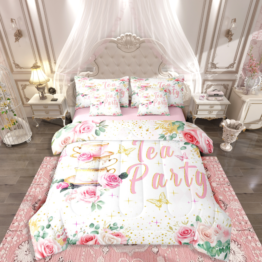 Castle Fairy Tea Party Girl 7pcs Bedding Comforter Set,Pink Rose Queen ...