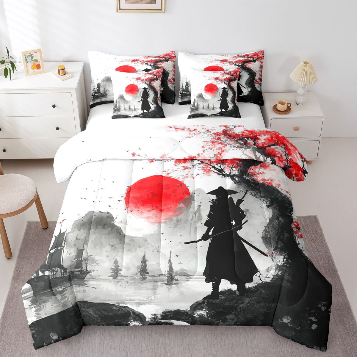 Castle Fairy Teenagers Japanese Samurai Bedding Comforter Set,Black Red ...