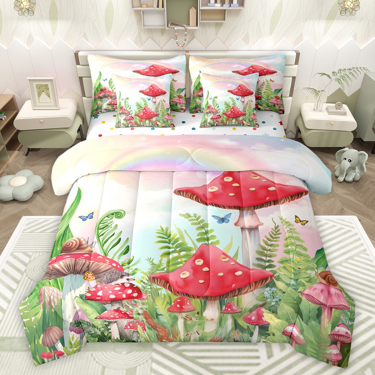 Castle Fairy Teens Adults Botanical Red Mushroom Bedding Comforter Set ...