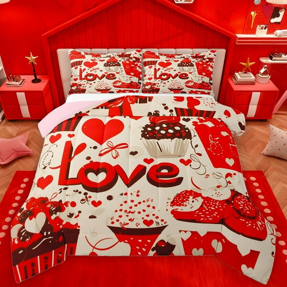 Castle Fairy Teens Adults Red Love Heart Print Full Size Comforter Sets ...