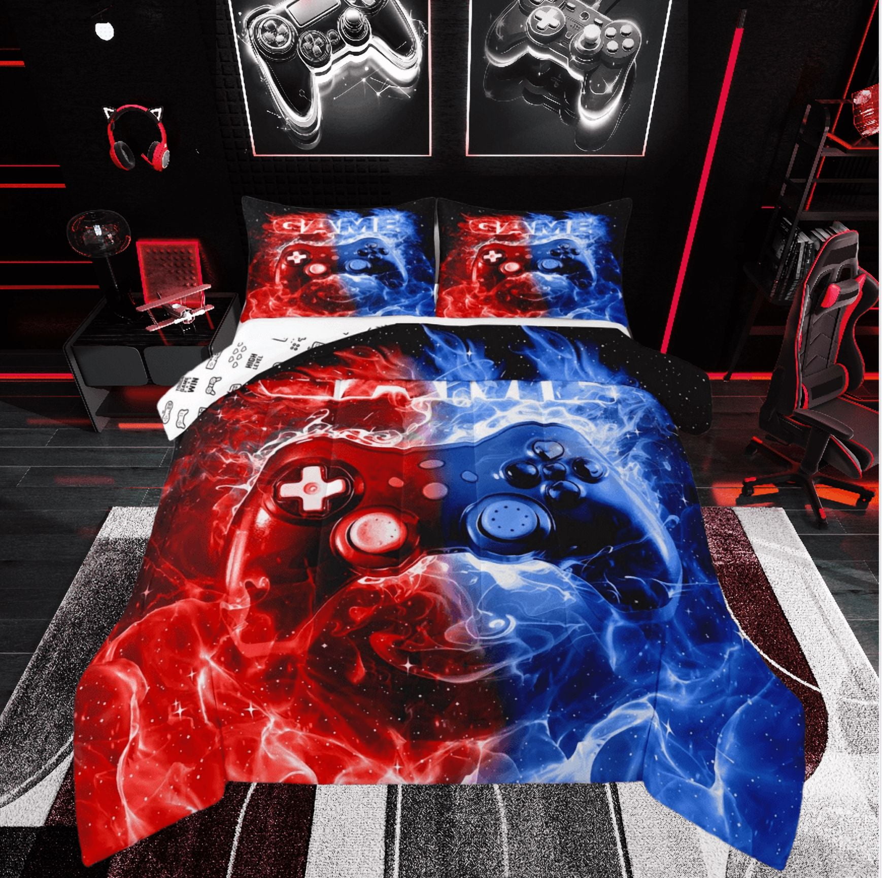 Castle Fairy Teens Blue Red Gamepads 3-Piece Full Size Comforter Sets ...