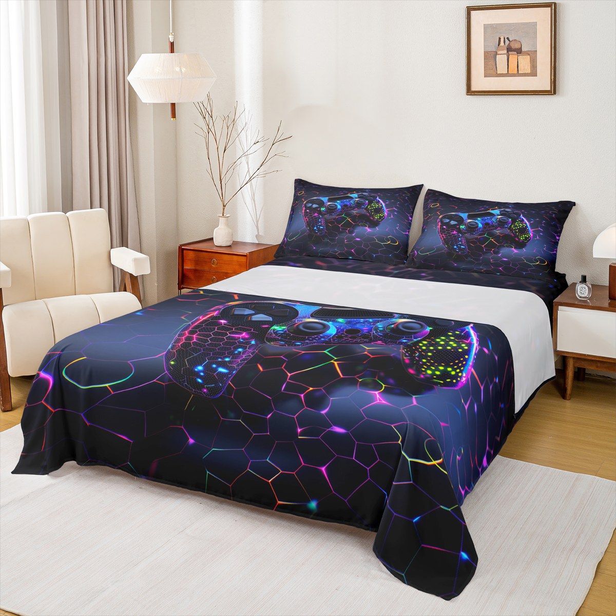 Castle Fairy Teens Boys Abstract Hexagon Gamepads 4pcs Bed Sheets,Video ...