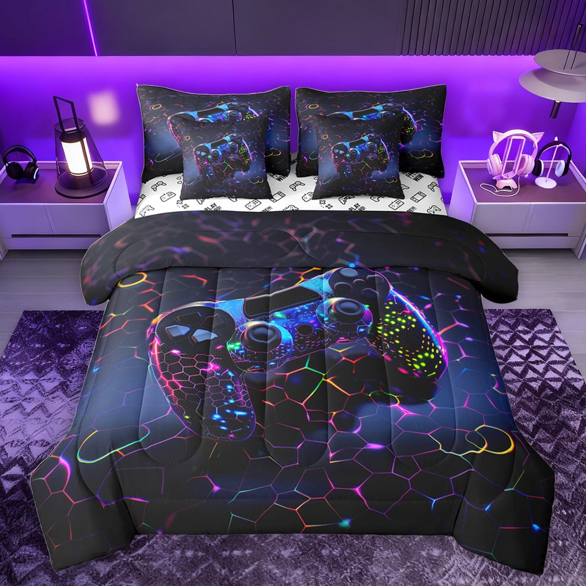 Castle Fairy Teens Boys Abstract Hexagon Gamepads Bedding Comforter Set ...