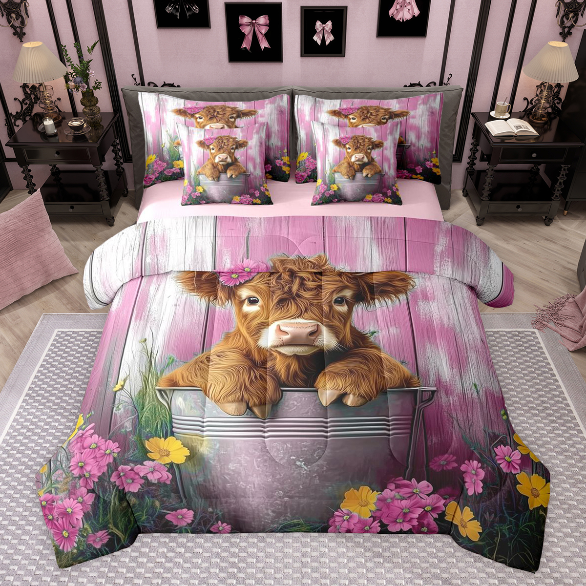 Castle Fairy Teens Boys Girls Brown Highland Cow Bedding Comforter Set ...