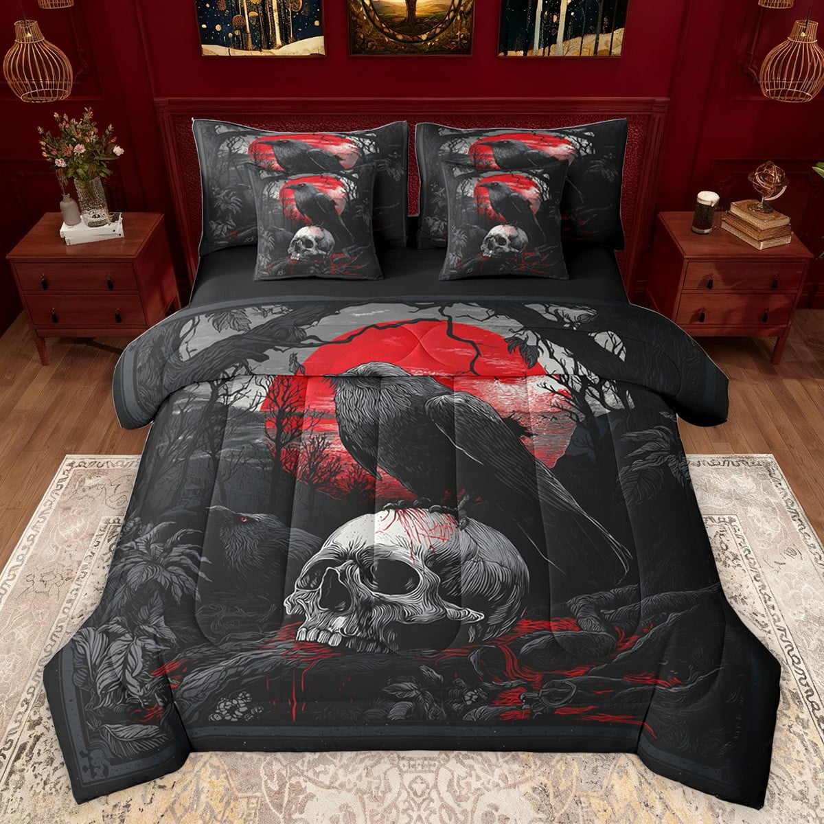 Castle Fairy Teens Crow Skull Bedding Comforter Set 7pcs,Black Red ...