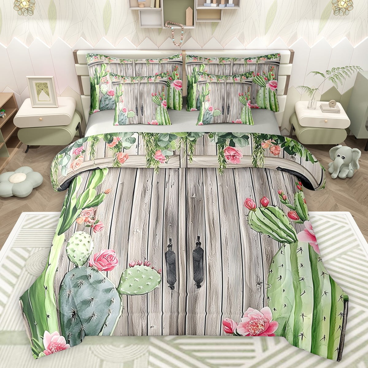 Castle Fairy Teens Floral Green Cactus Bedding Comforter Set 7-Piece ...