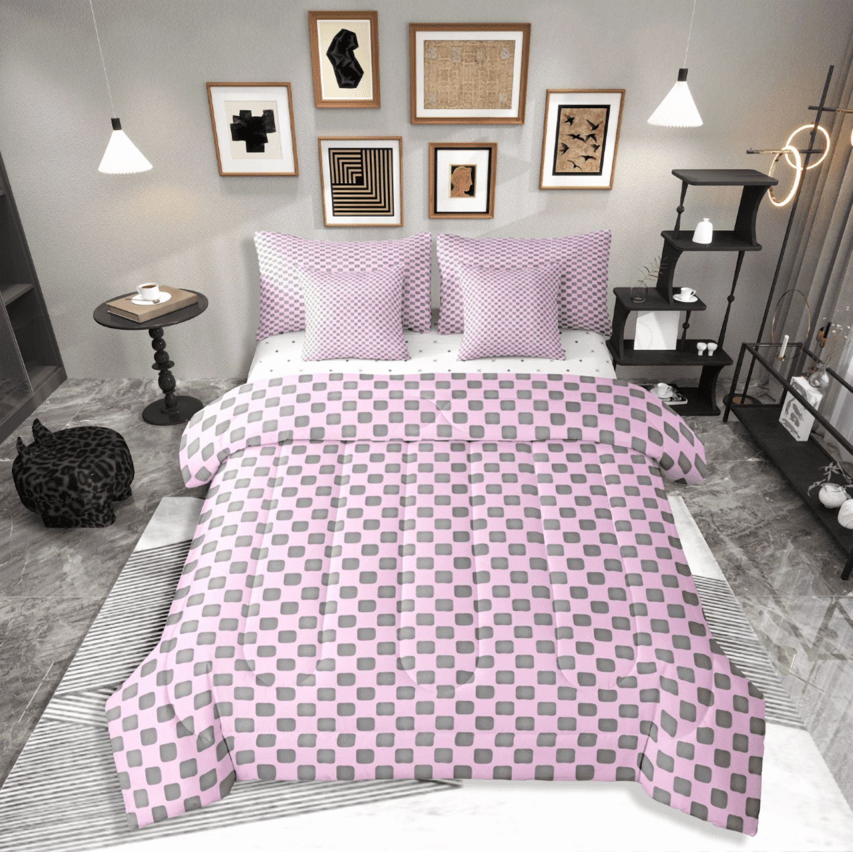 Castle Fairy Teens Geometric Plaid 7pcs Bedding Comforter Set,Pink Grey Queen Bedding Sets Super ...