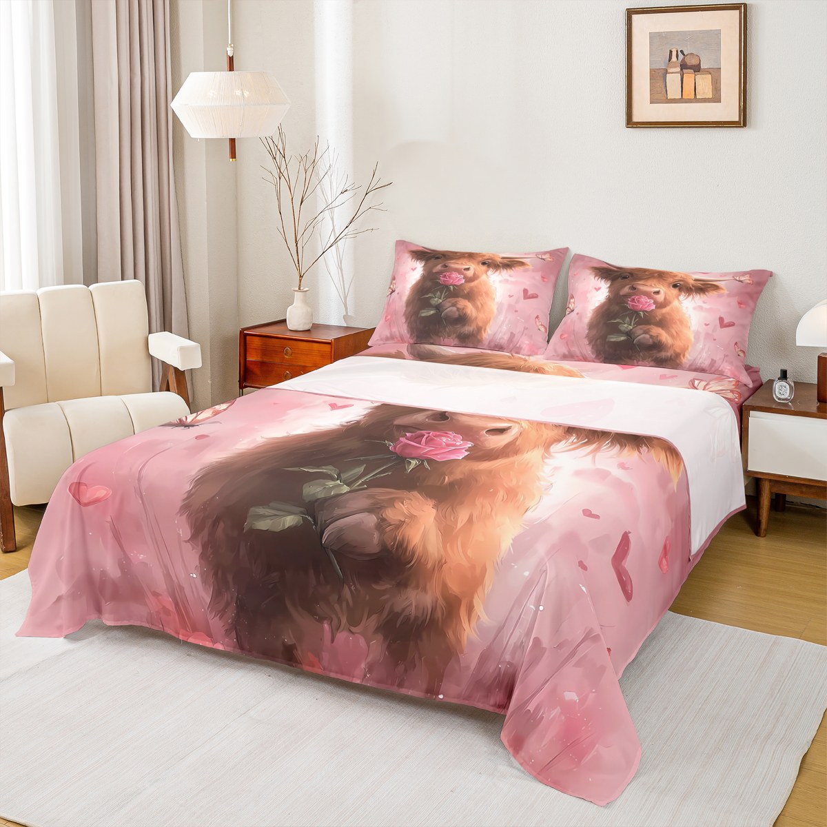 Castle Fairy Teens Highland Cow 4-Piece Full Size Sheets,Floral Rose ...