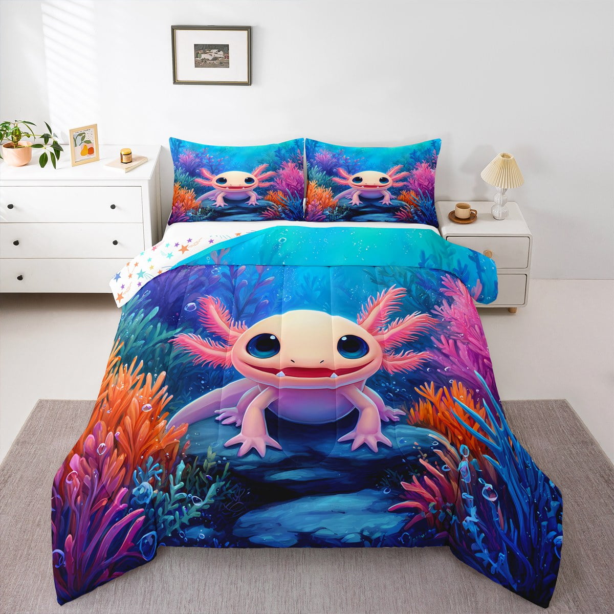 Castle Fairy Teens Kawaii Axolotl Queen Comforter Set,Sea Salamander ...