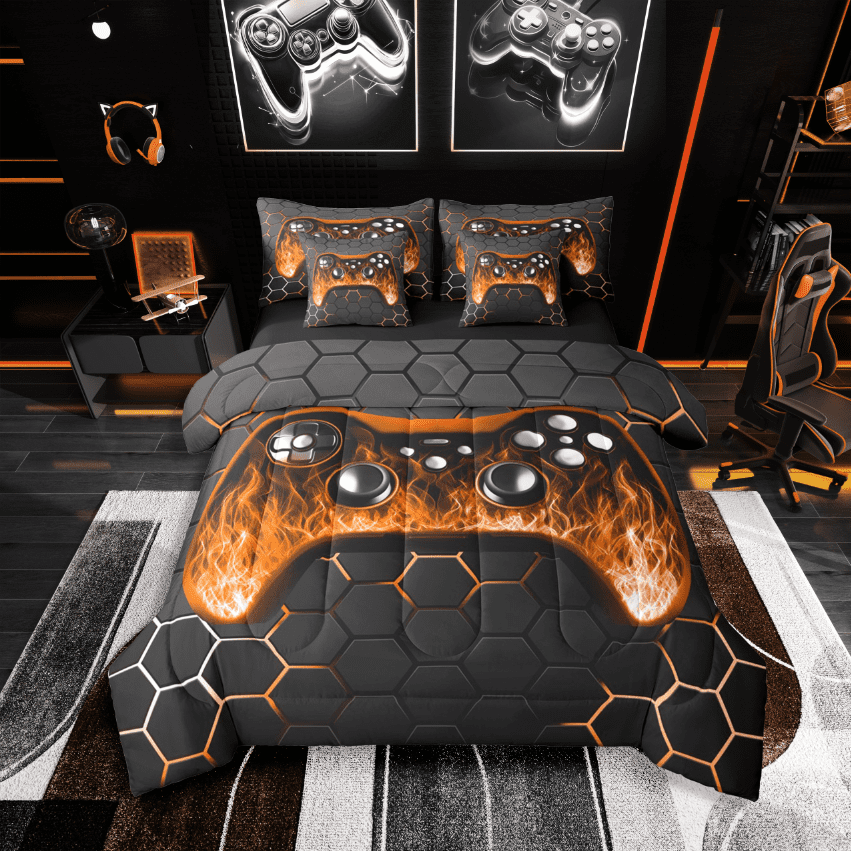 Castle Fairy Teens Orange Gamepads 7pcs Bedding Comforter Set,Geometric ...