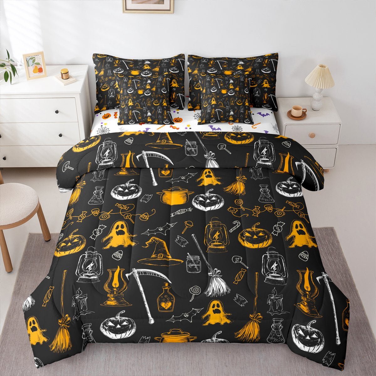 Castle Fairy Teens Pumpkin Ghost 7-Piece Bedding Comforter Set,Witch ...