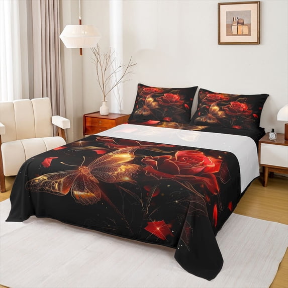 Castle Fairy Teens Red Flower Rose Bed Sheets,Romantic Gold Butterfly ...