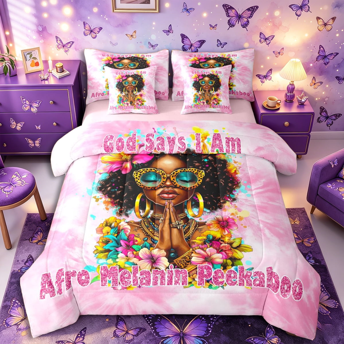 Castle Fairy Tie Dye Afro Girl Queen Bedding 7pcs,Vibrant Tropical ...