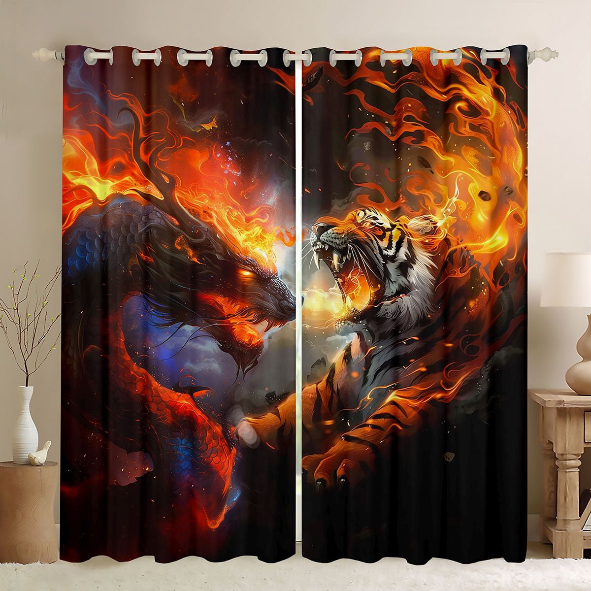 Castle Fairy Tiger Dragon Black Out Curtains,Vintage Curtains Pack of 2 ...