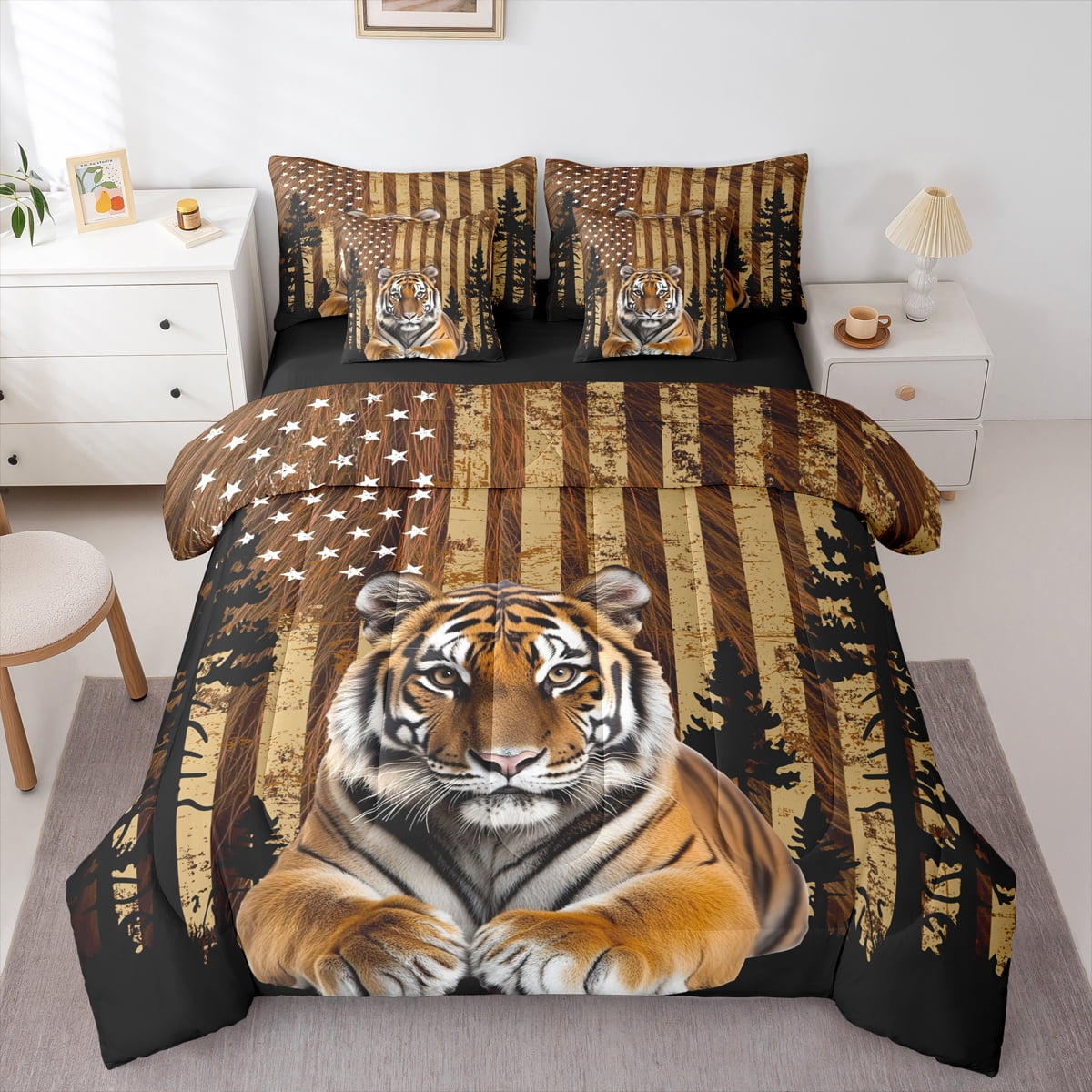 Castle Fairy Tiger Wildlife 7-Piece Twin Bedding Sets for Teens,Retro ...