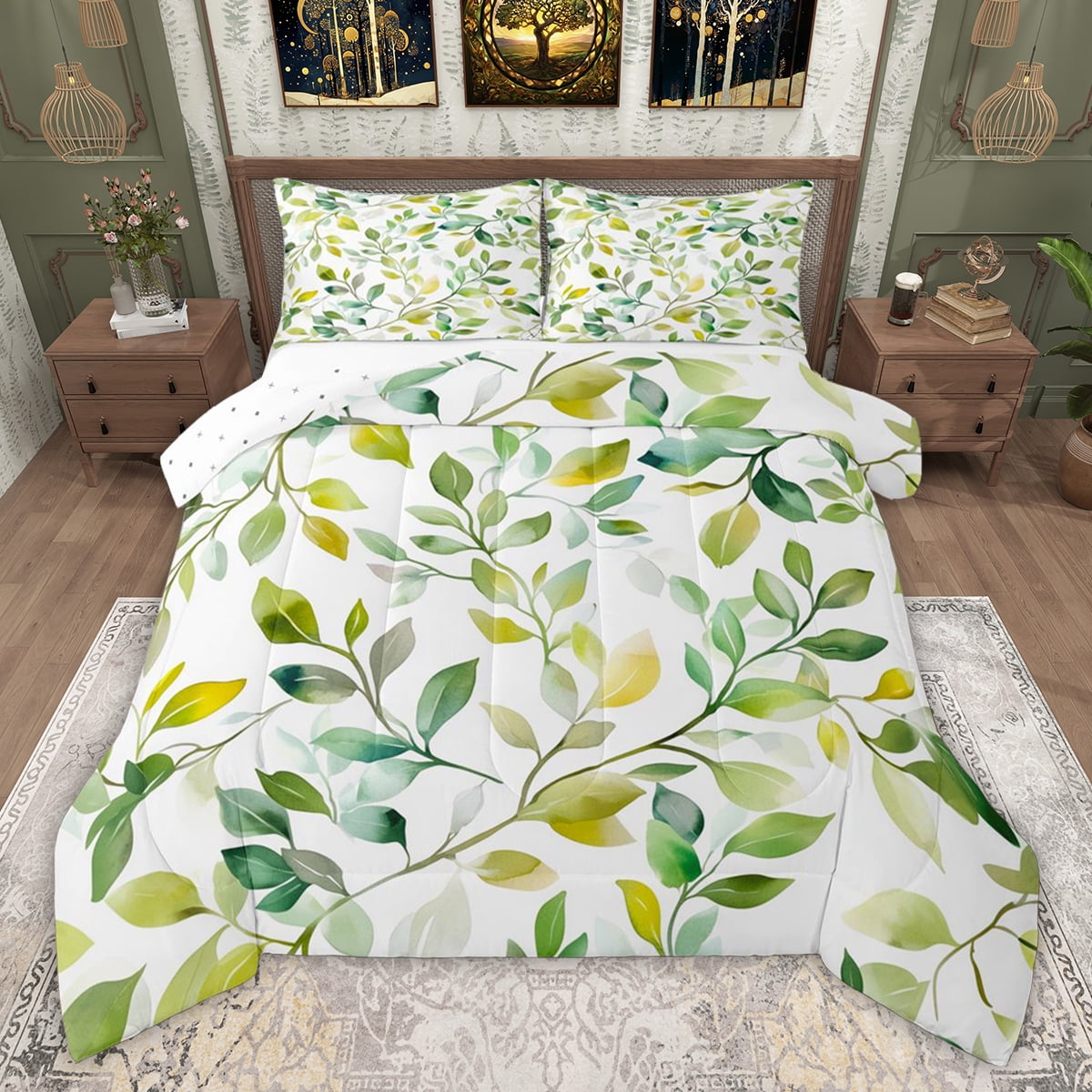 Castle Fairy Tree Leaves Queen Comforter Set,Abstract Green Gradient ...