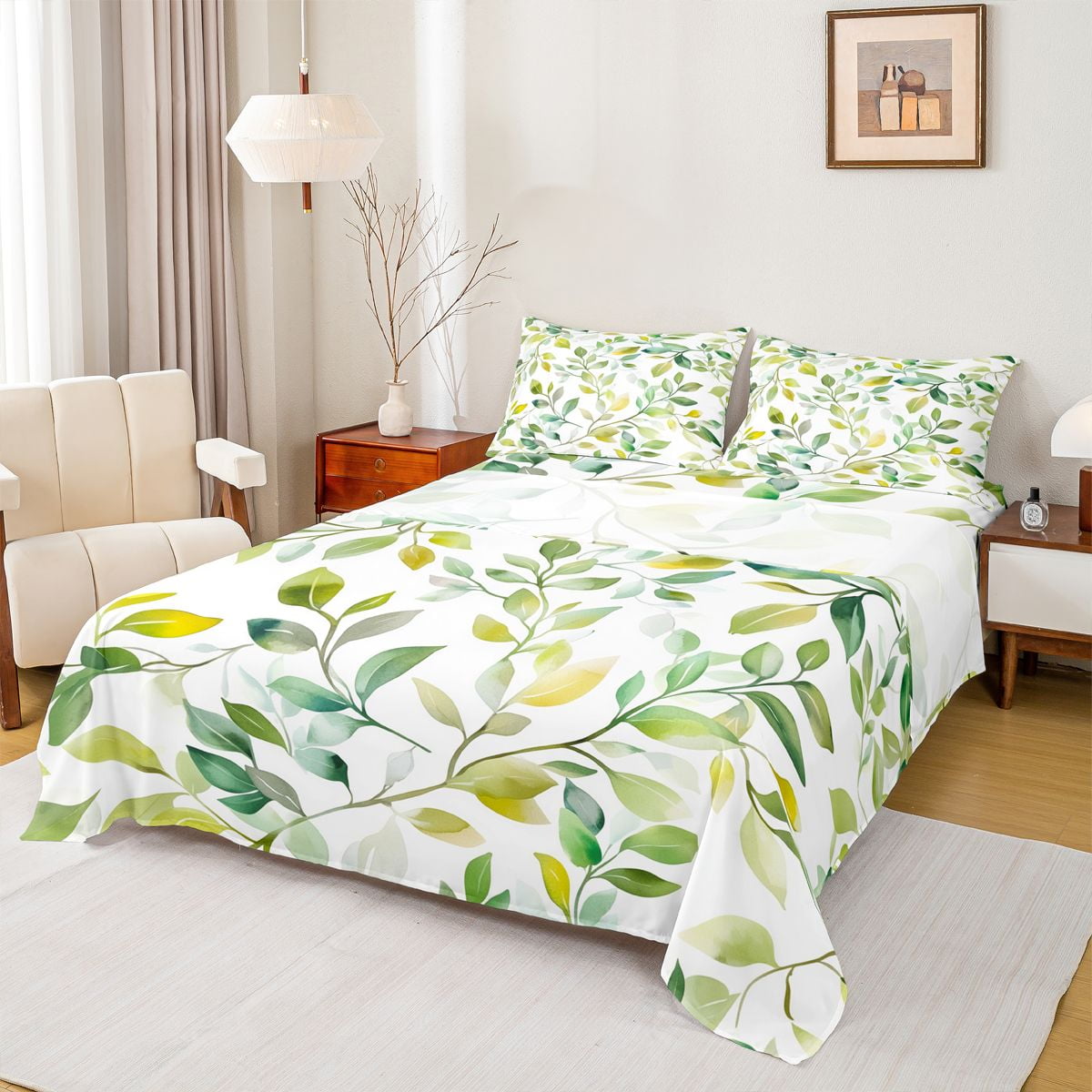 Castle Fairy Tree Leaves Queen Sheet Sets for Boys Girls,Abstract Green ...