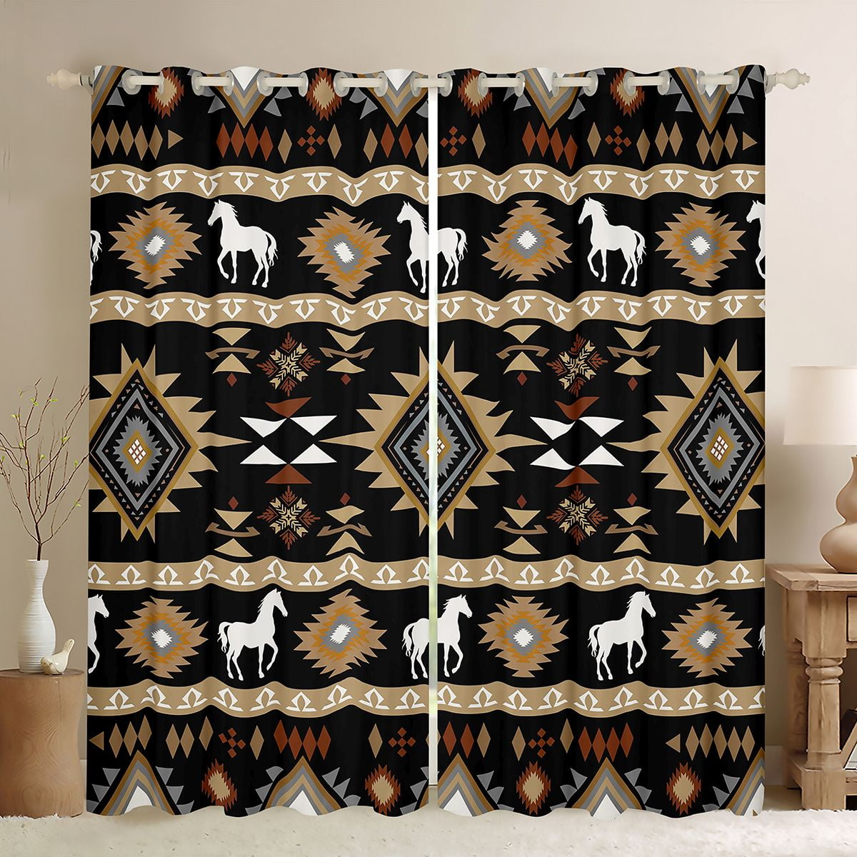 Castle Fairy Tribal Aztec Curtains Pack of 2 (42x84 Each),Western Horse ...