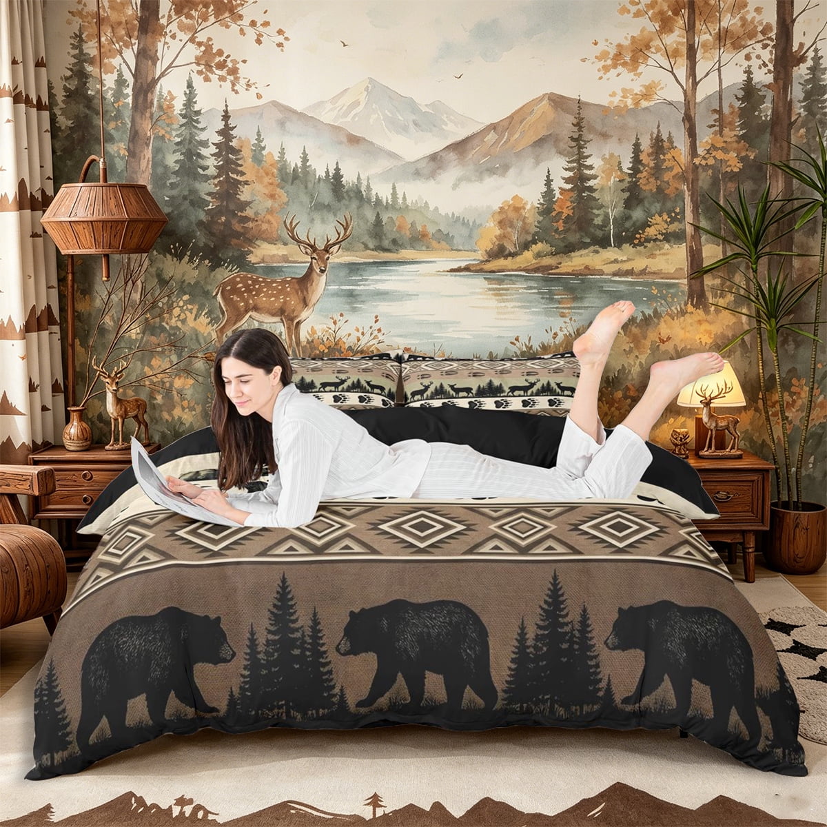 Castle Fairy Tribal Bear Deer Silhouette Bedding,Aztec Geometric Pine ...