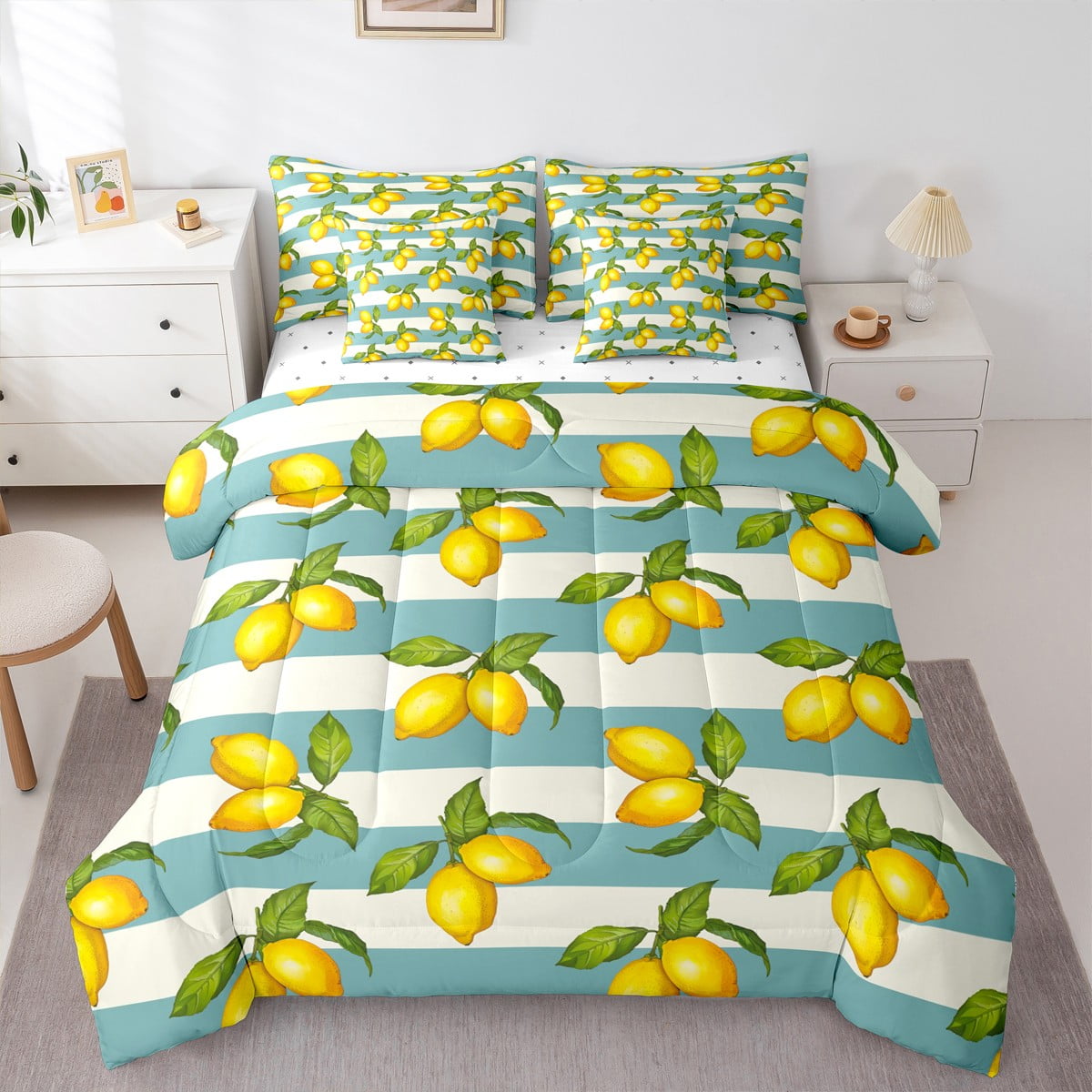 Castle Fairy Tropical Lemon 7-Piece Bedding Comforter Set,Geometric Stripes King Bedding Sets ...