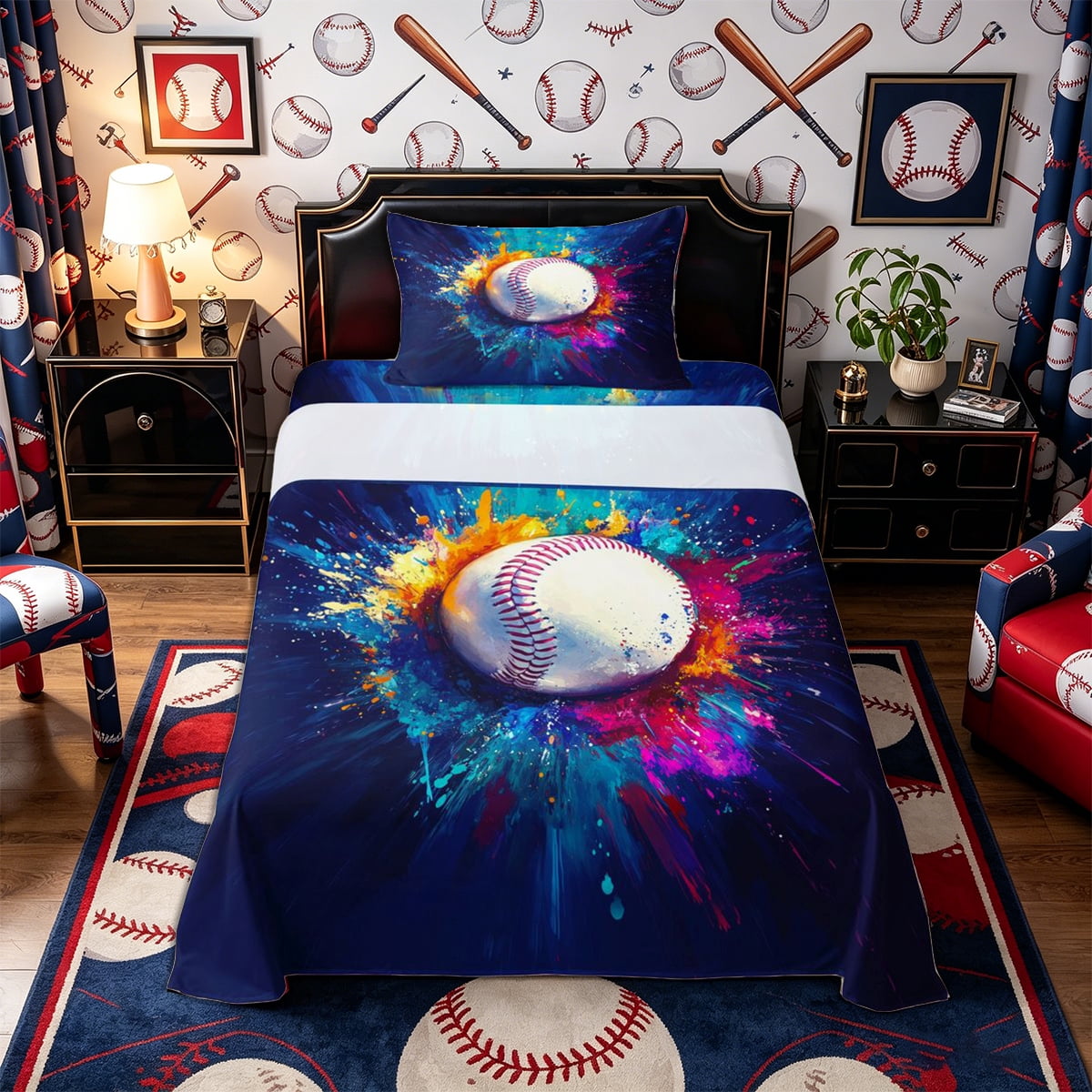 Castle Fairy Vibrant Baseball Twin Sheets 3pcs, Watercolor Splash Ball ...