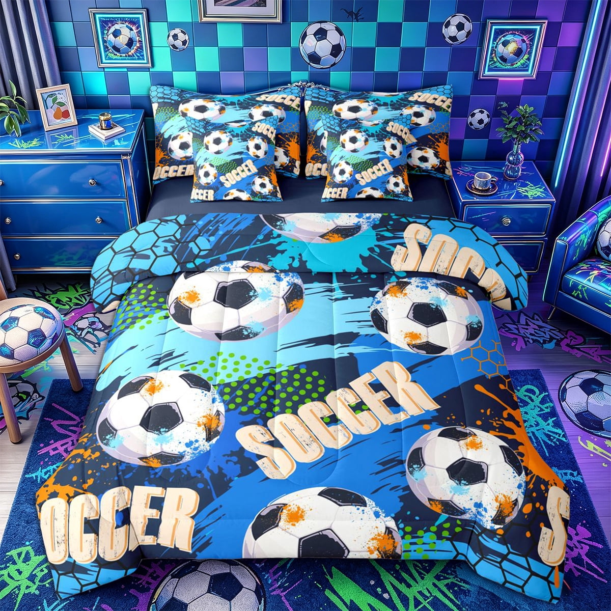Castle Fairy Vibrant Soccer Full Size Bedding Sets 7 Pieces, Sport ...