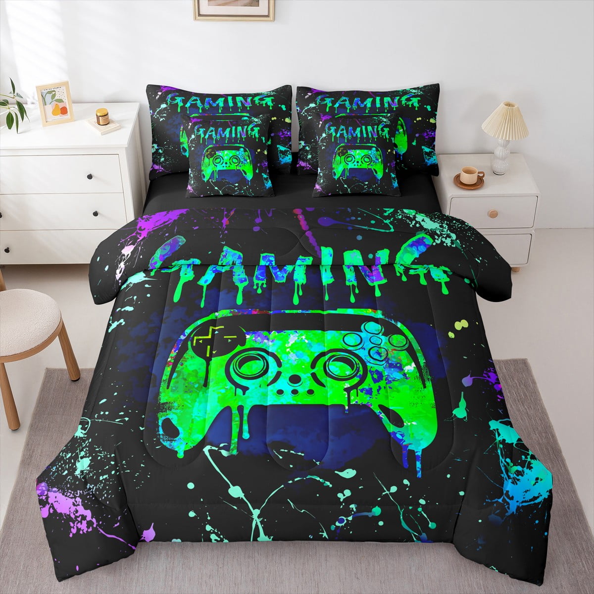 Castle Fairy Video Game Bedding Comforter Set,Abstract Ombre Gamer Full ...
