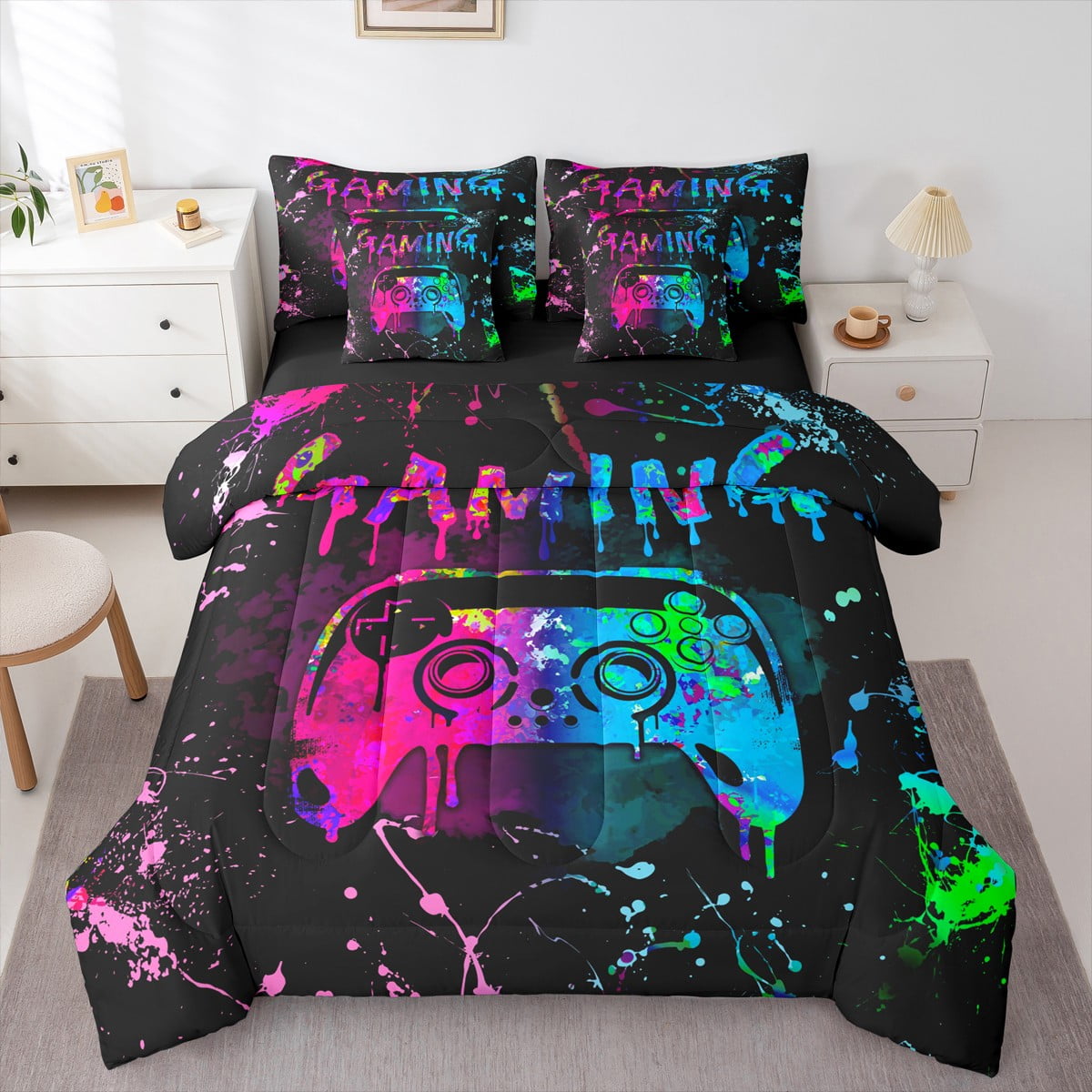 Castle Fairy Video Game Bedding Comforter Set,Abstract Ombre Gamer King ...