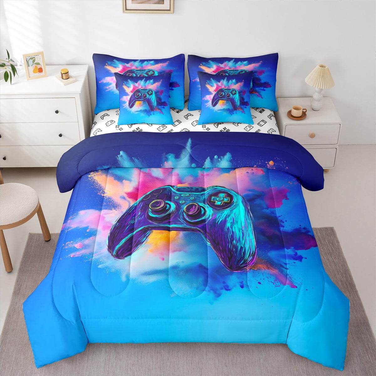 Castle Fairy Video Game Bedding Comforter Set,Blue Purple Ombre Queen ...