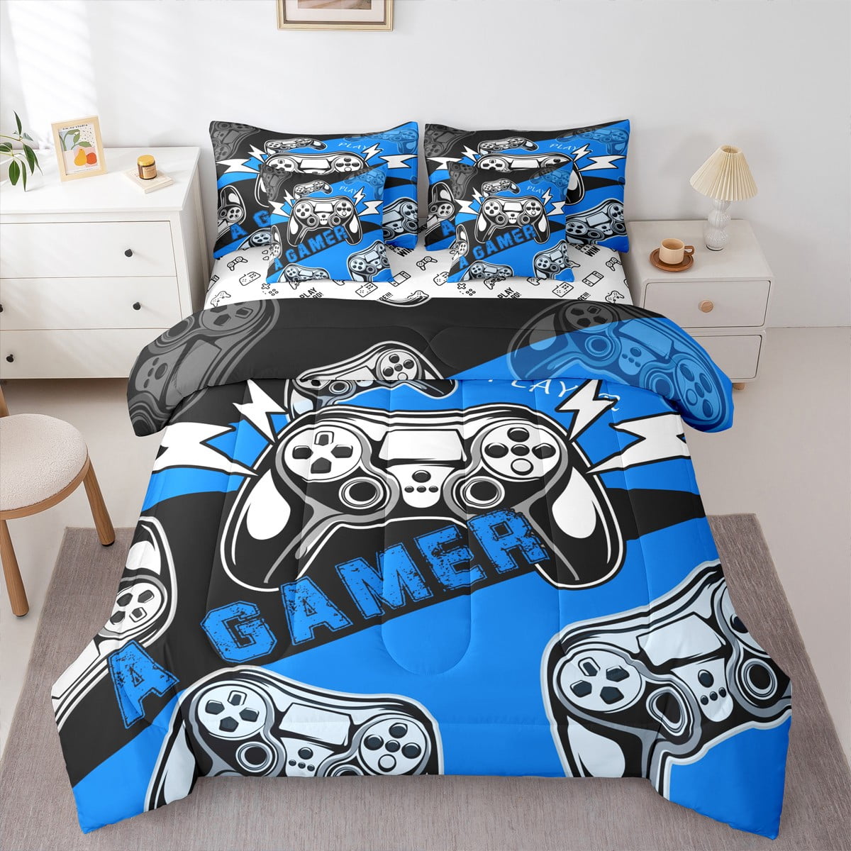 Castle Fairy Video Game Bedding Comforter Set for Boys,Blue Black Queen ...