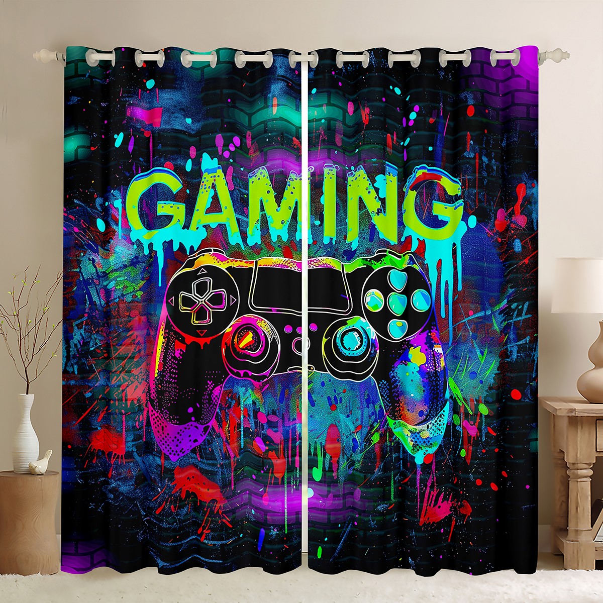 Castle Fairy Video Game Curtains and Drapes,Graffiti Splash Black Out ...