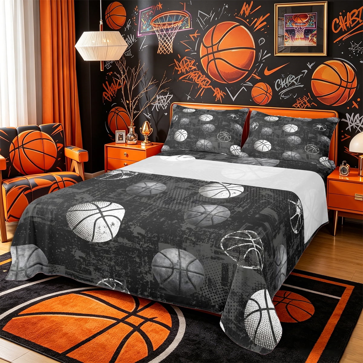 Castle Fairy Vinatge Basketball Print Bed Sheets 4-Piece, Watercolor ...