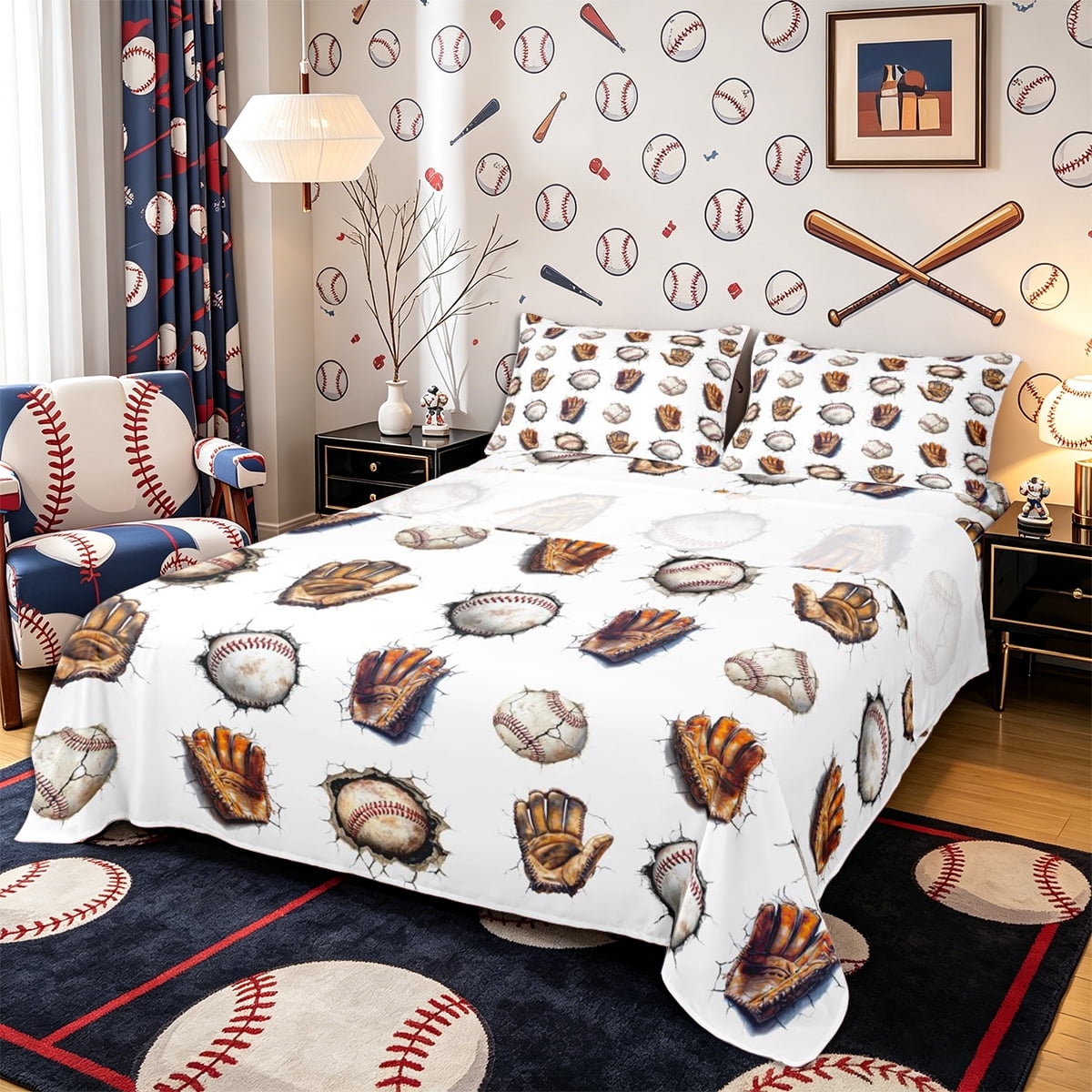 Castle Fairy Vintage Baseball King Sheets 4pcs, Cracked Wall Ball Glove ...